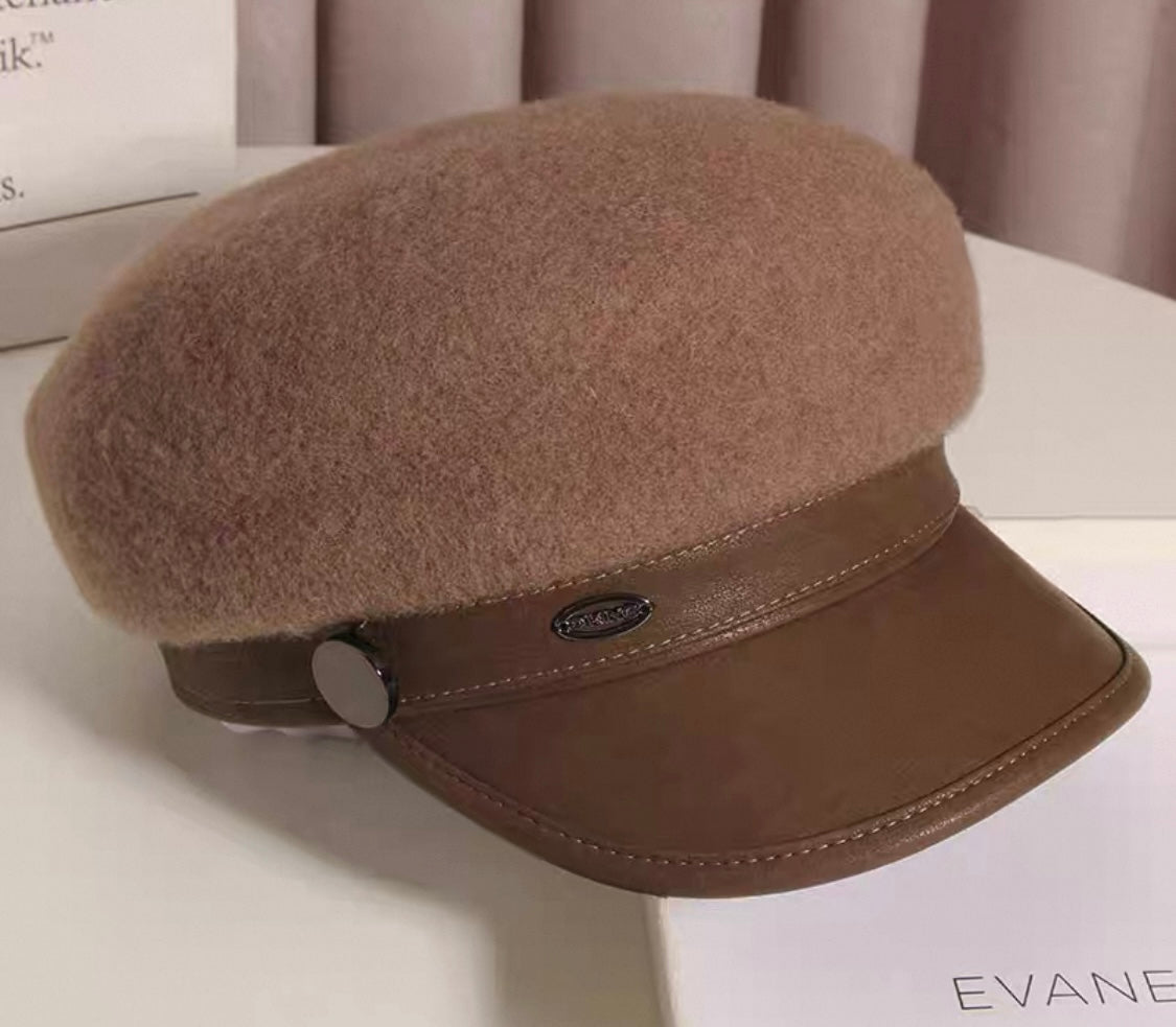 Wool-Blend Baker Boy Cap – Taupe & Leather Trim – Copenhagen Luxe